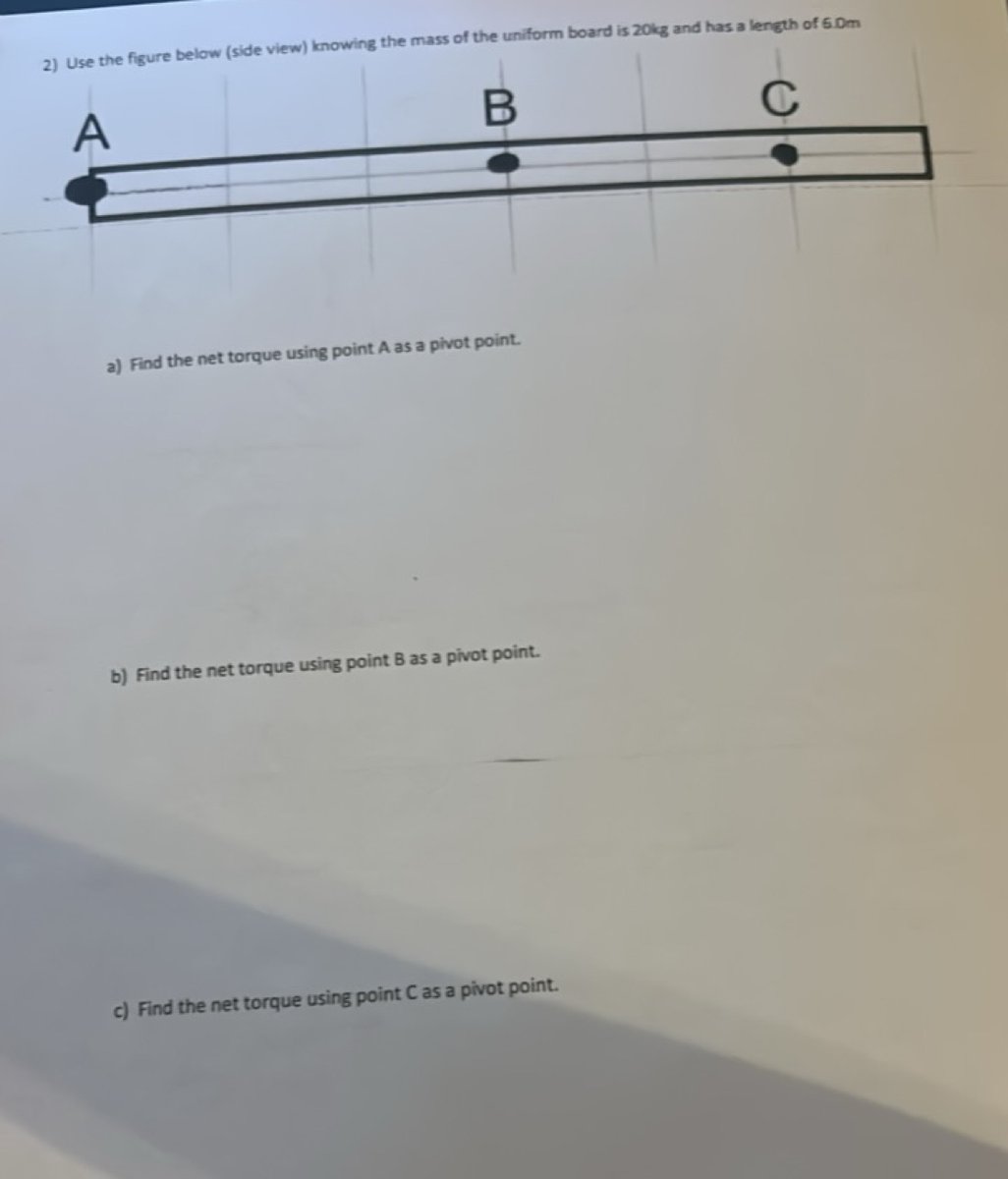 2) Use the figure below (side view) knowing the mass of the uniform board..