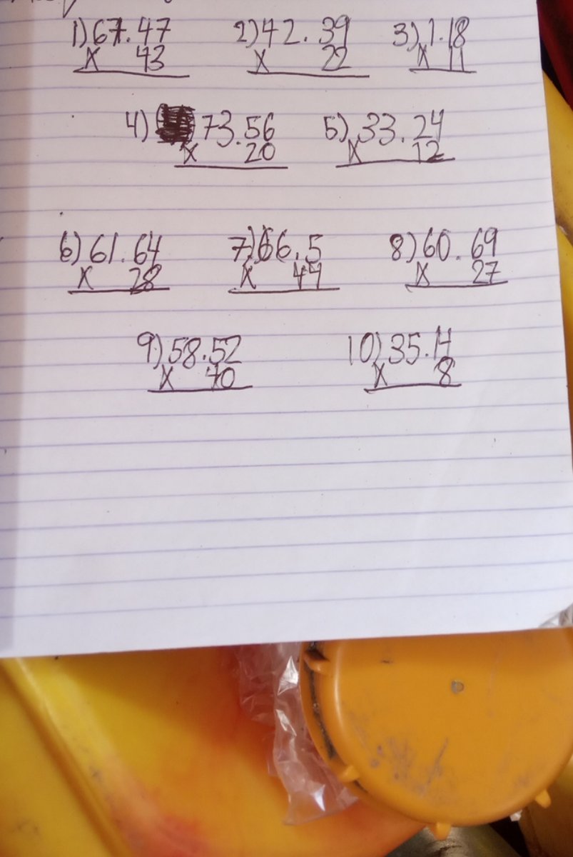Solve the following multiplication problems: 1) 67.47 x 43 2) 42.39 x 22..