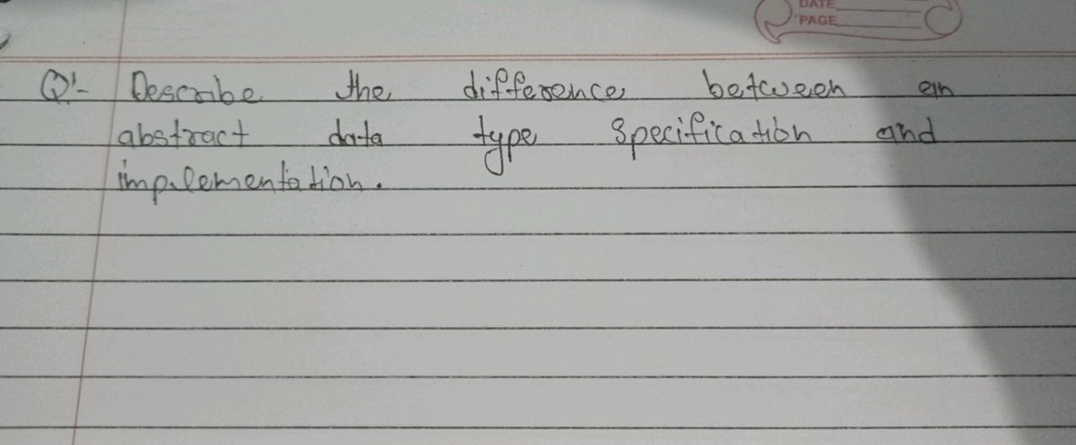 Describe the difference between an abstract data type specification and i..