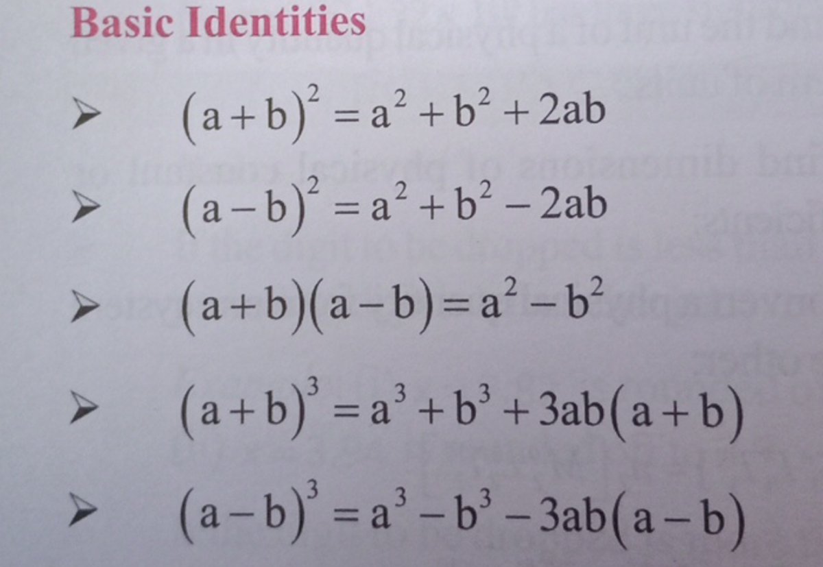 Basic Identities (a+b)^2 = a^2 + b^2 + 2ab (a-b)^2 = a^2 + b^2 - 2ab (a+..