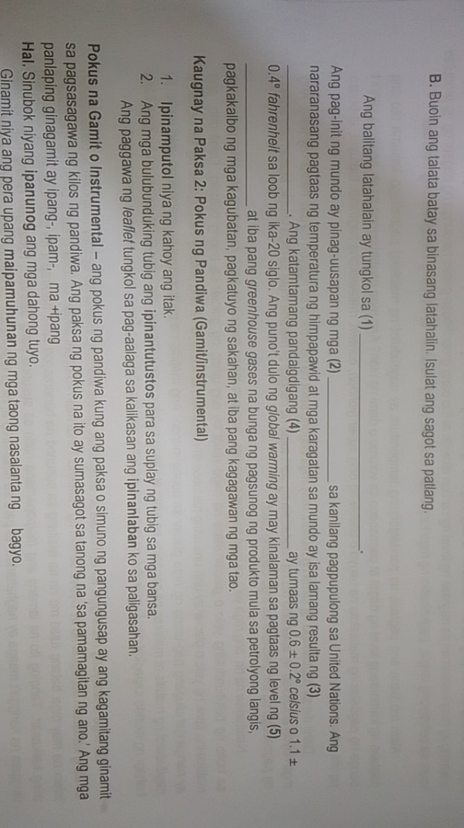 B. Buoin ang talata batay sa binasang latahalin. Isulat ang sagot sa patl..