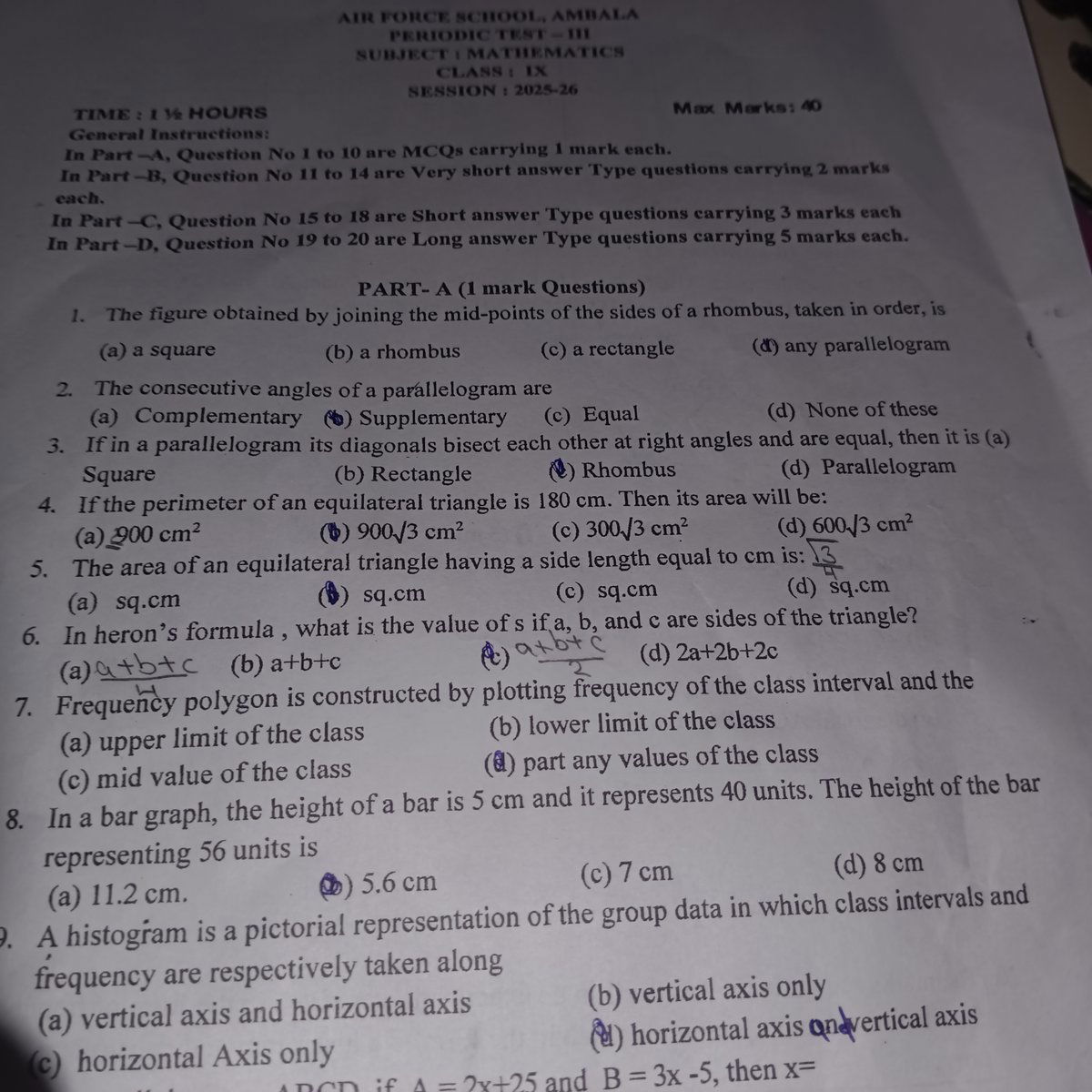 AIR FORCE SCHOOL, AMBALA PERIODIC TEST-III SUBJECT: MATHEMATICS CLASS: IX..