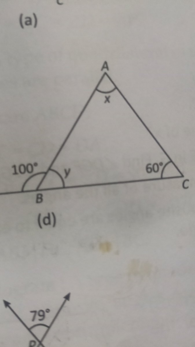 The image shows a triangle ABC with an exterior angle at B. Given the fol..