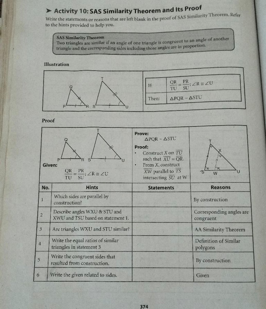 Activity 10: SAS Similarity Theorem and Its Proof Write the statements o..