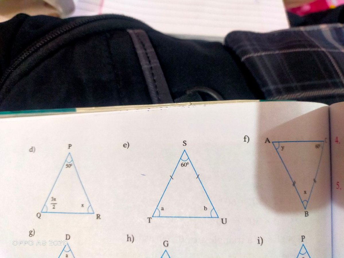 The image shows three triangles labeled d), e), and f). d) Triangle PQR