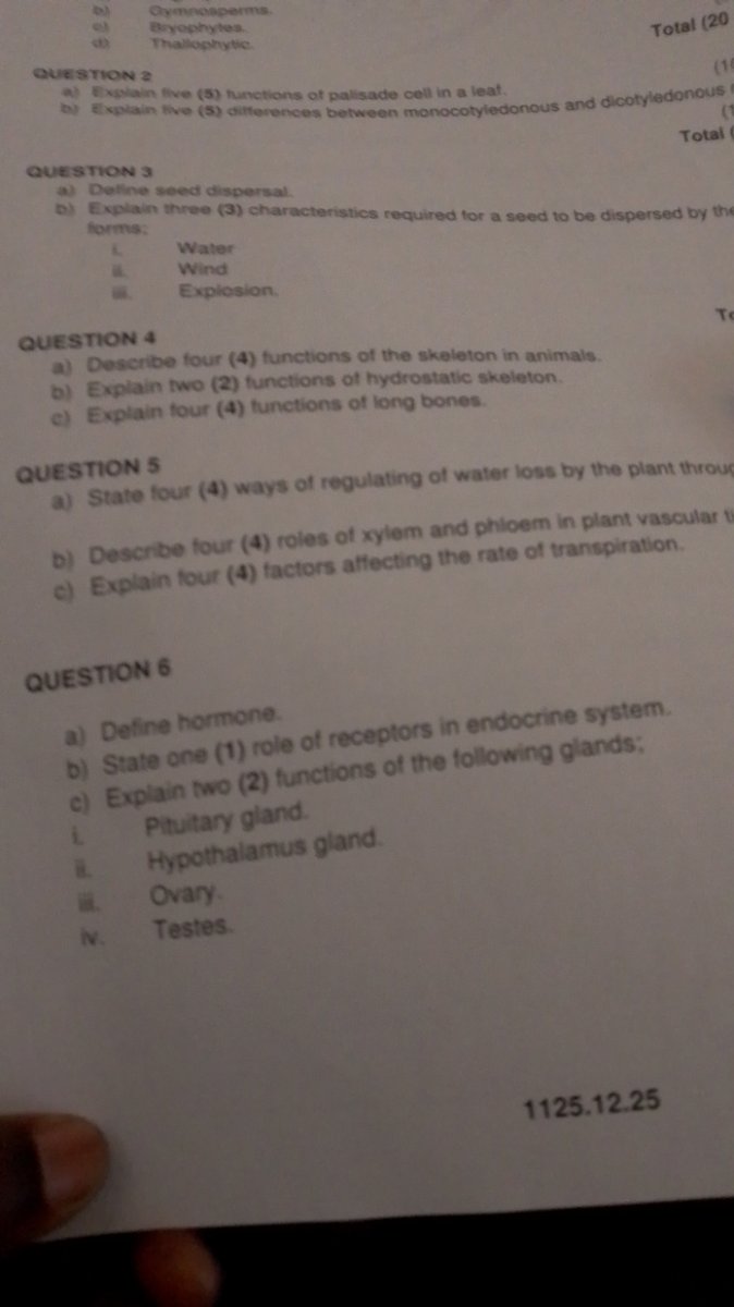 QUESTION 2 a) Explain five (5) functions of palisade cell in a leaf. b) E..