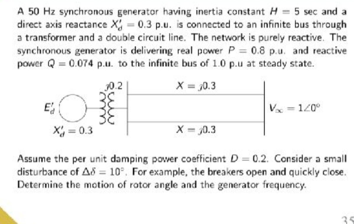 A 50 Hz synchronous generator having inertia constant H = 5 sec and a dir..