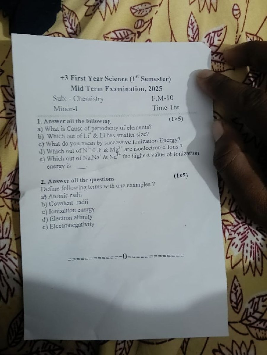 +3 First Year Science (1st Semester) Mid Term Examination, 2025 Sub: - Ch..