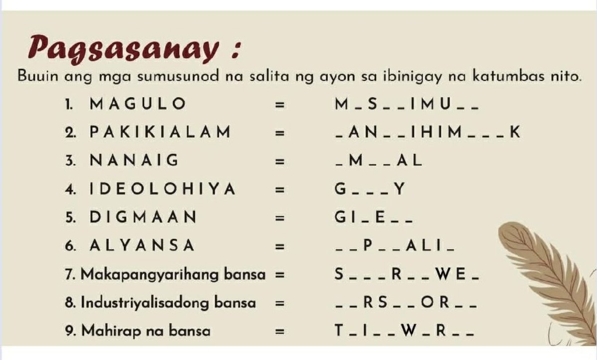 Pagsasanay: Buuin ang mga sumusunod na salita ng ayon sa ibinigay na katu..