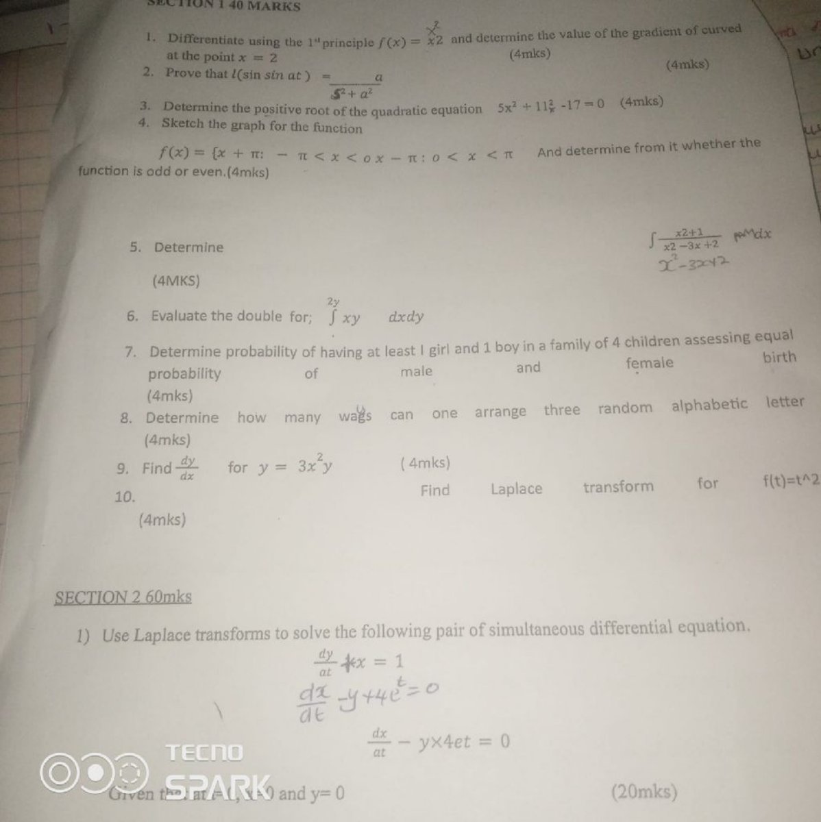 SECTION 1 (40 MARKS) Differentiate using the 1st principle f(x) = x^2 an..