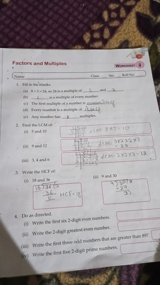 Here are the questions from the image: Factors and Multiples WORKSHEET 4..