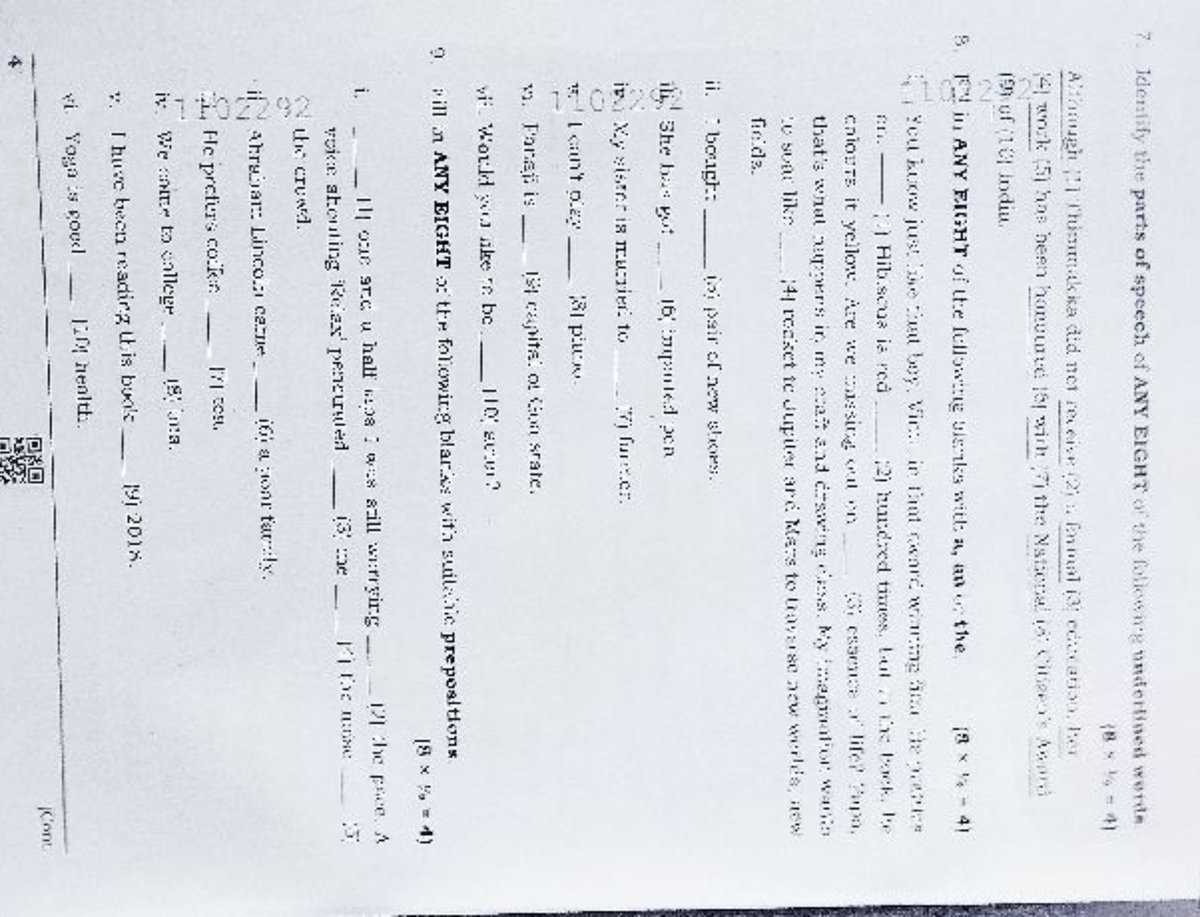 Identify the parts of speech of ANY EIGHT of the following underlined wor..