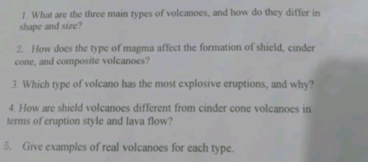 What are the three main types of volcanoes, and how do they differ in sha..