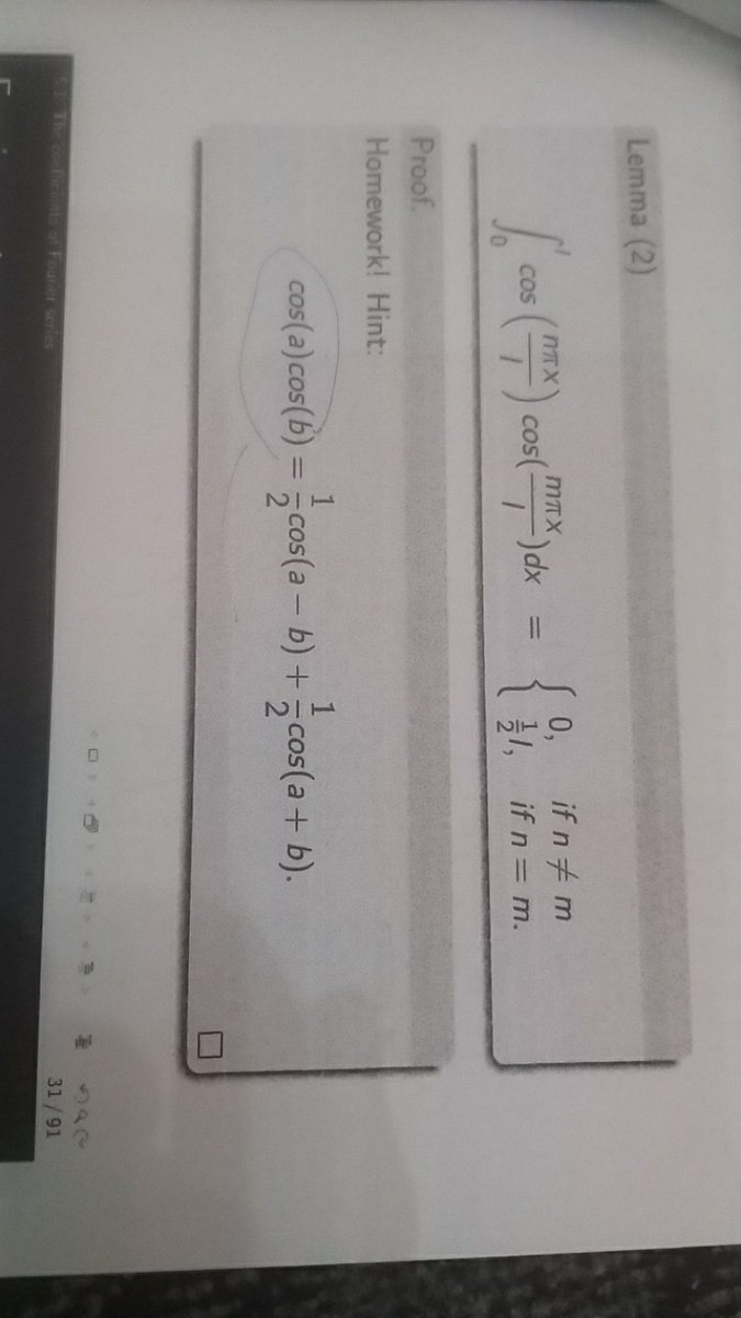 Prove the following Lemma: \int_0^l \cos\left(\frac{n\pi x}{l}\right) \c..