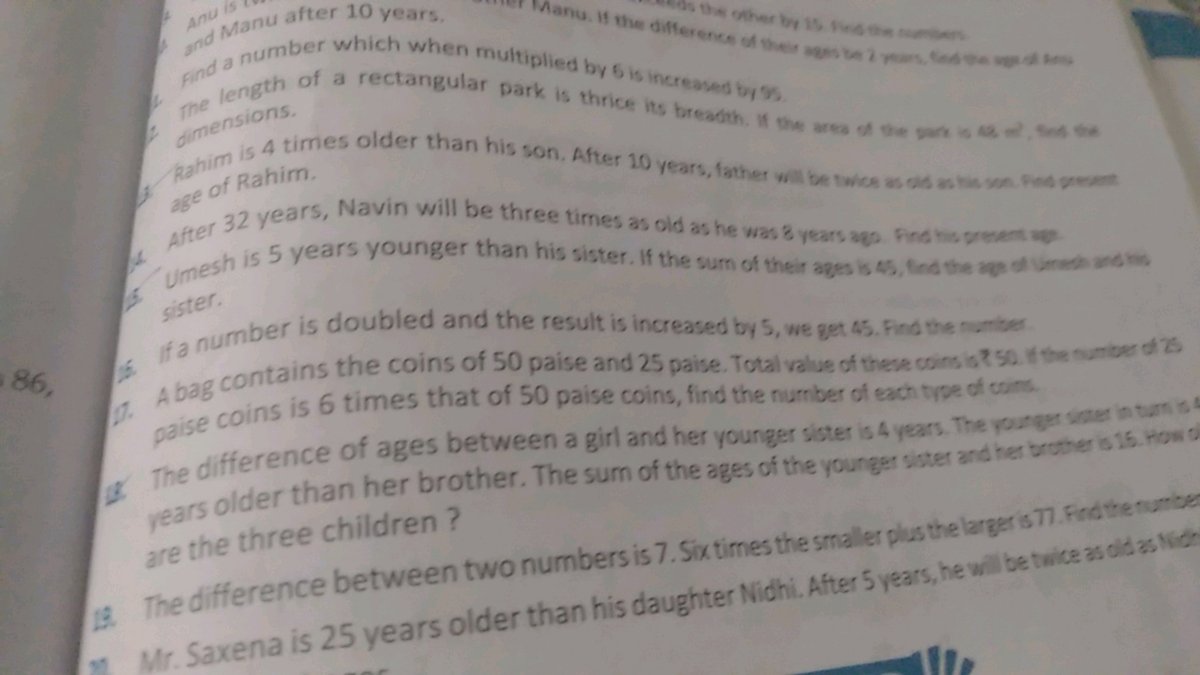 Here are a few questions: Anu is [text missing] and Manu after 10 years...
