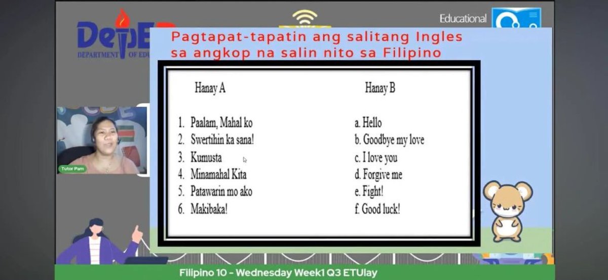 Pagtapat-tapatin ang salitang Ingles sa angkop na salin nito sa Filipino