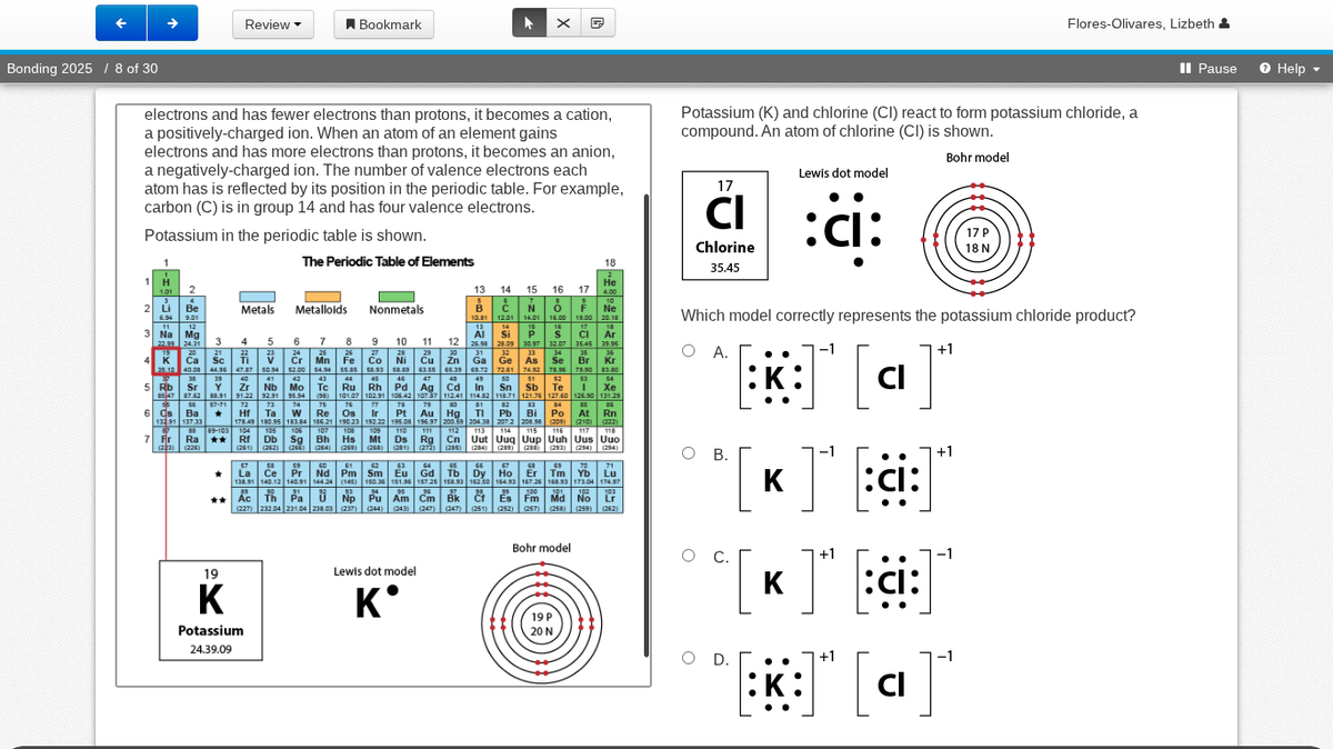 Potassium (K) and chlorine (Cl) react to form potassium chloride, a compo..
