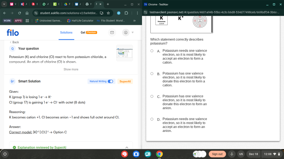 Potassium (K) and chlorine (Cl) react to form potassium chloride, a compo..