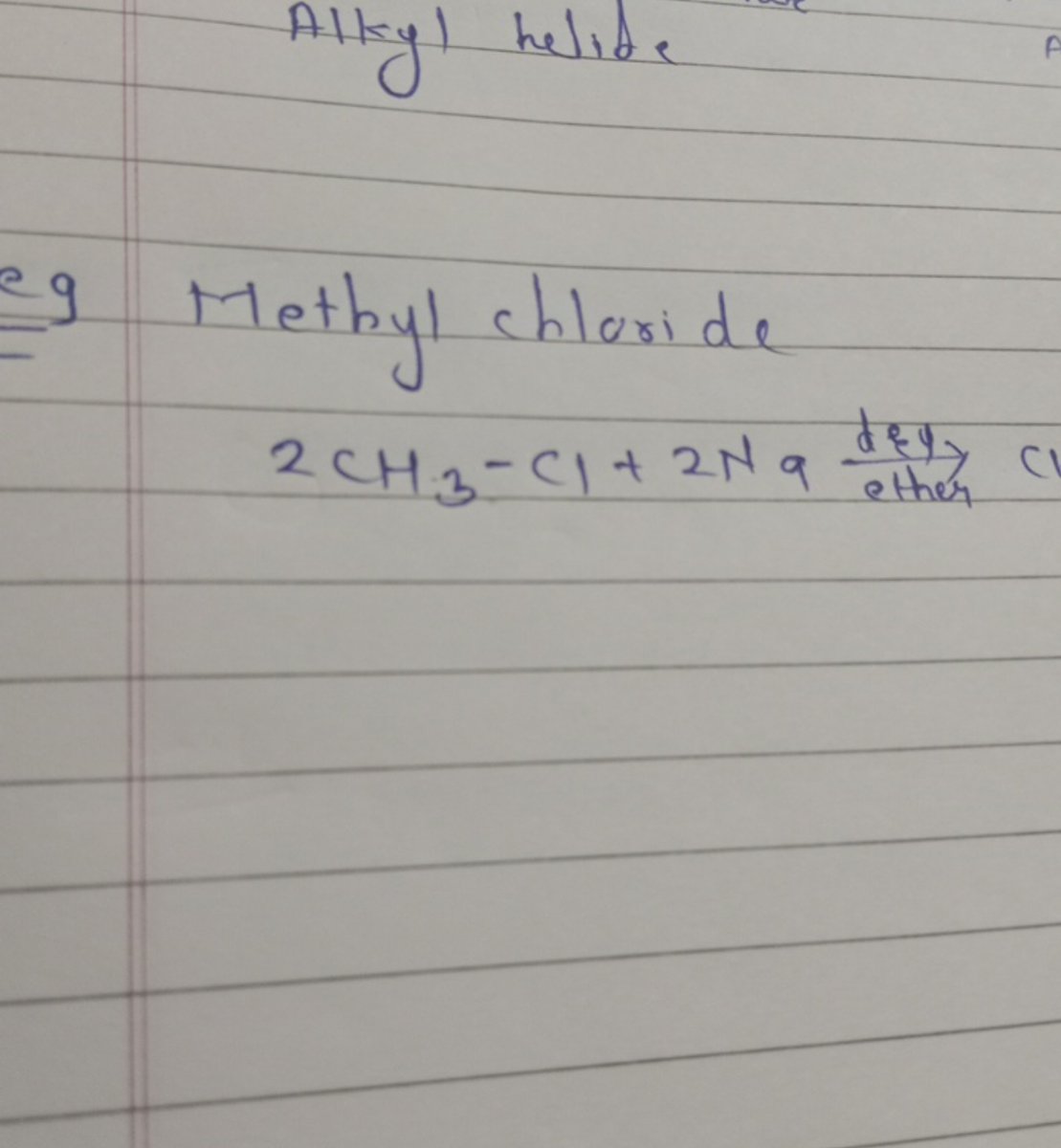 The image shows the reaction of methyl chloride with sodium in the presen..