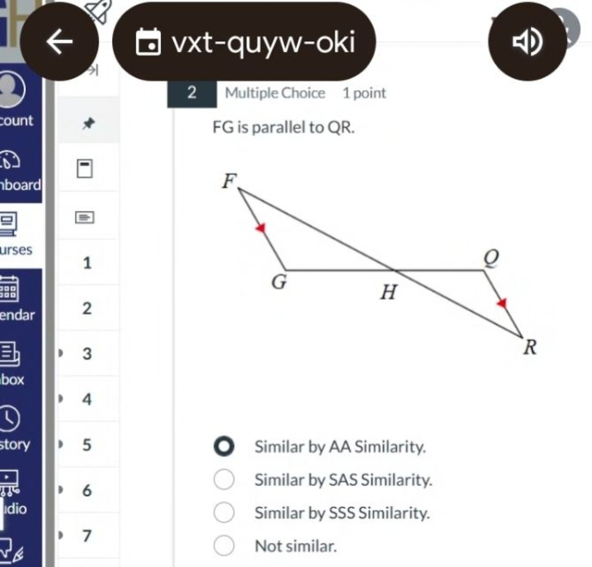 FG is parallel to QR. [Diagram showing two triangles FGH and RHQ, with F..