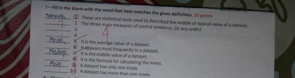 I- Fill in the blank with the word that best matches the given definition..