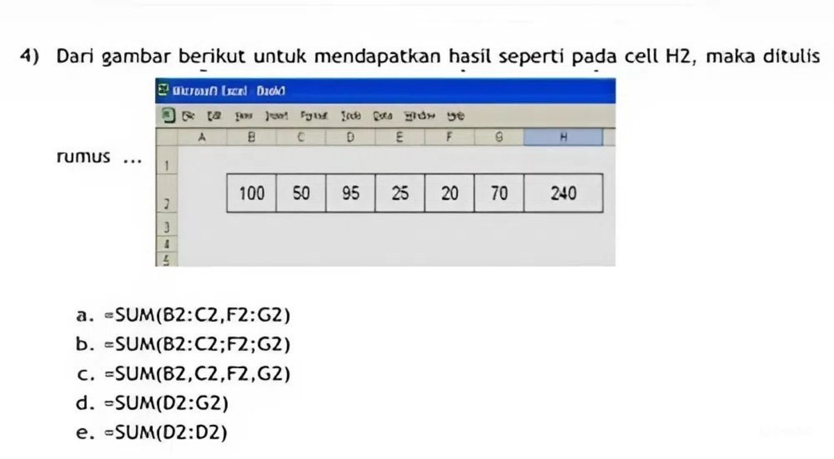 Dari gambar berikut untuk mendapatkan hasil seperti pada cell H2, maka di..