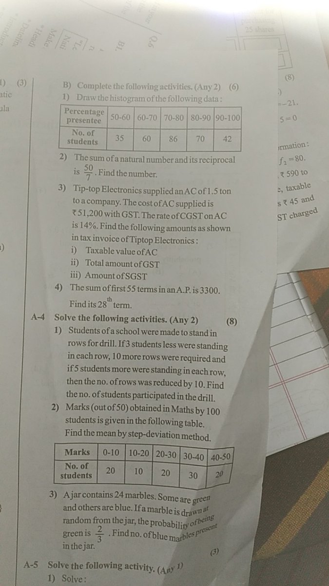 B) Complete the following activities. (Any 2) (6) 1) Draw the histogram o..