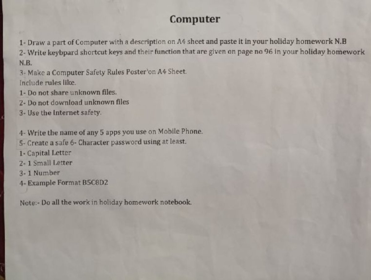 Computer Draw a part of Computer with a description on A4 sheet and past..