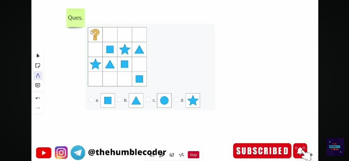 Ques. [Image of a 4x4 grid with shapes (squares, stars, triangles) and a..
