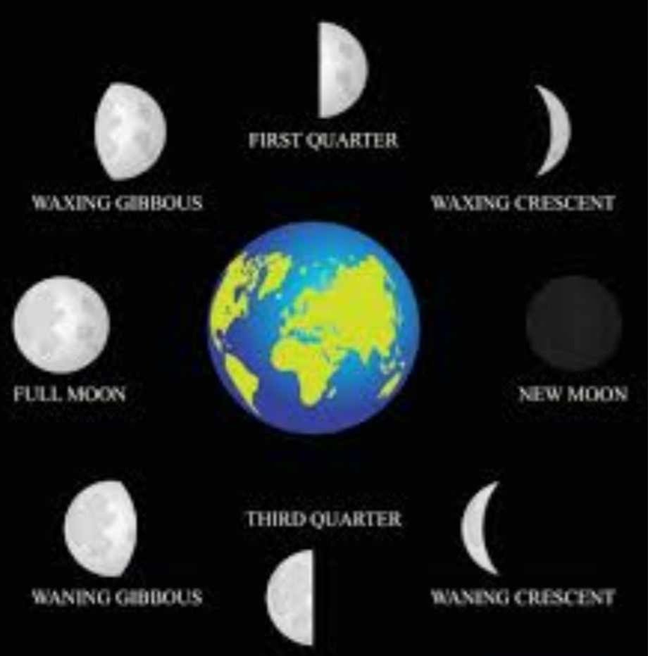 Draw, label, and color the phases of the moon based on the provided diagr..