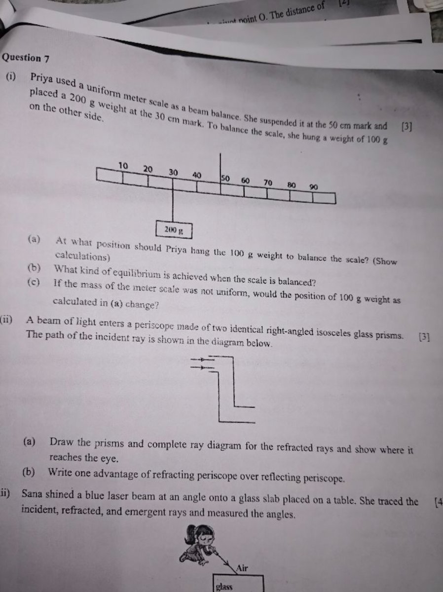 Question 7 (i) Priya used a uniform meter scale as a beam balance. She s..