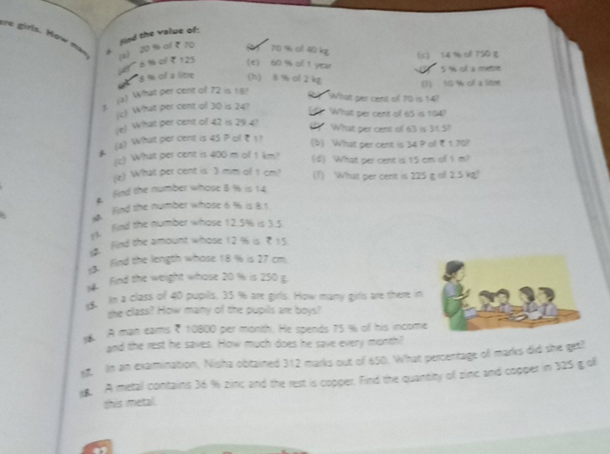 Here are a series of questions related to percentages: 1. Find the value..