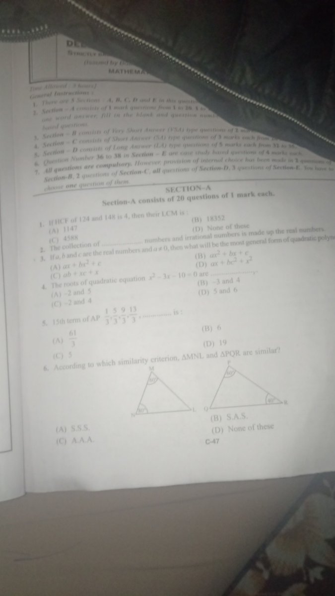 Here are some questions from a mathematics exam: SECTION-A Section-A con..