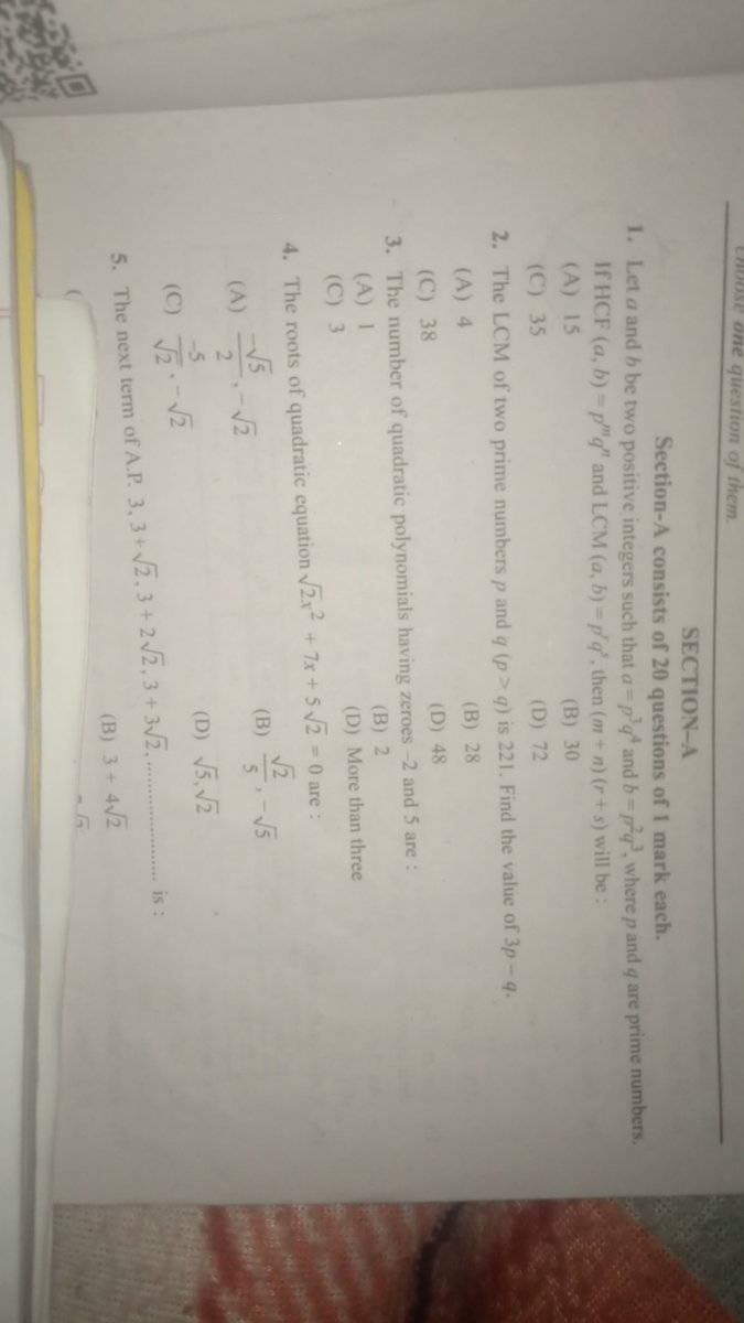 SECTION-A Section-A consists of 20 questions of 1 mark each. Let a and b..