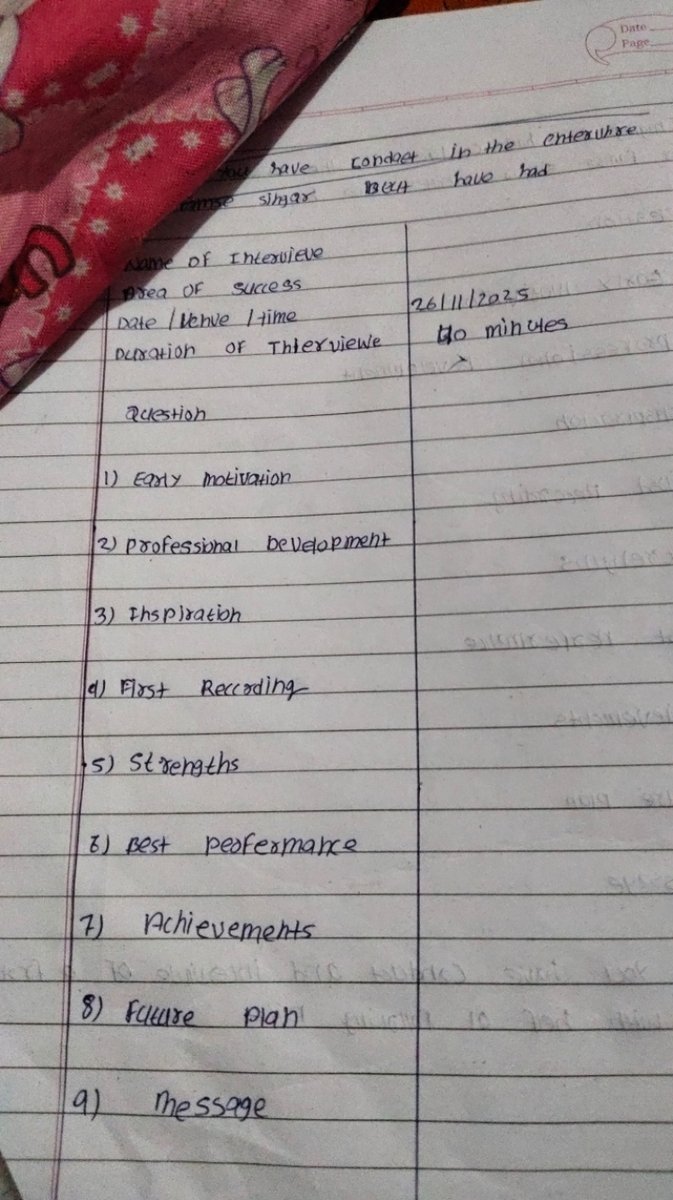 Here is a table with questions for an interview. Please provide answers t..