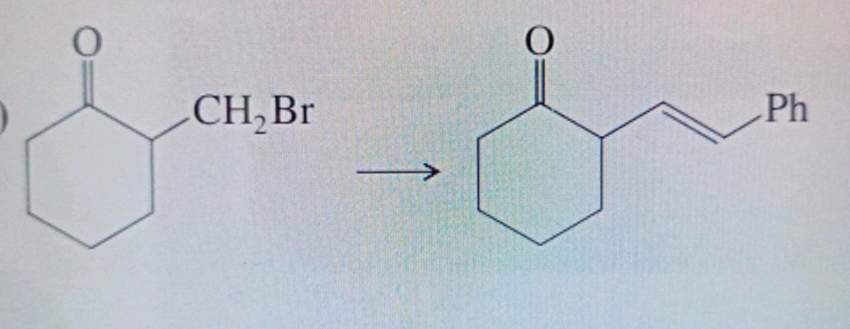 The image shows a chemical reaction where 2-(bromomethyl)cyclohexan-1-one..