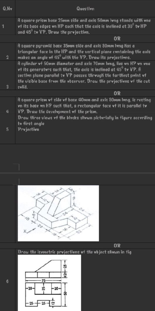 Here are the questions: Q.N 1 A square prism base 25mm side and axis 50m..