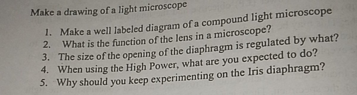 Make a drawing of a light microscope Make a well labeled diagram of a com..