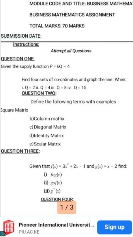 MODULE CODE AND TITLE: BUSINESS MATHEMATICS BUSINESS MATHEMATICS ASSIGNME..