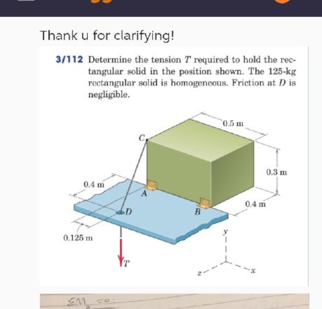 Determine the tension T required to hold the rectangular solid in the pos..