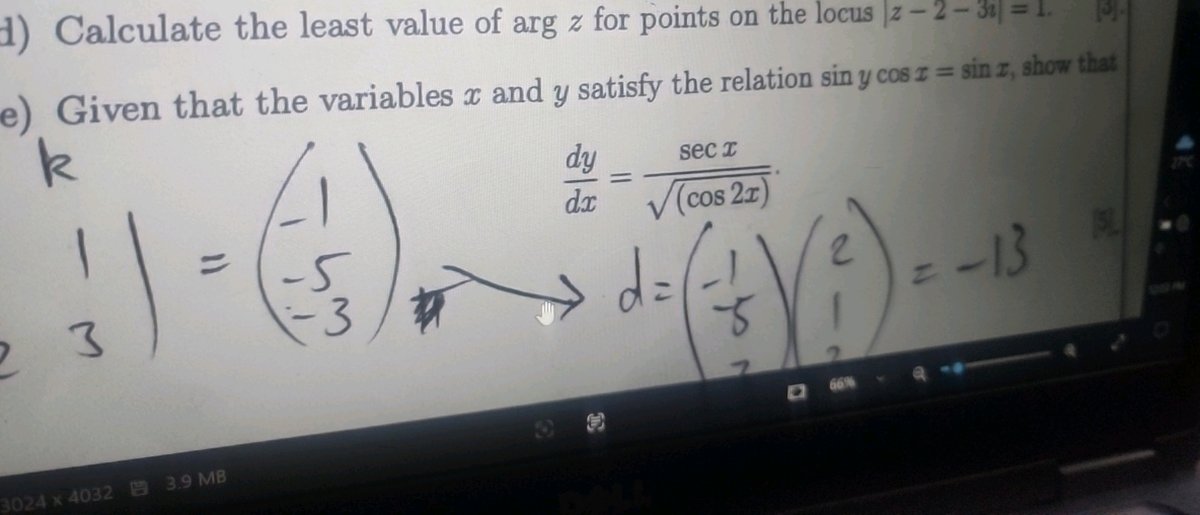 d) Calculate the least value of arg z for points on the locus |z - 2 - 3i..