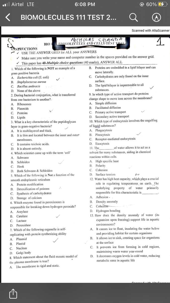 BIOMOLECULES 111 TEST 2... INSTRUCTIONS USE THE ANSWER GRID for ALL yo..