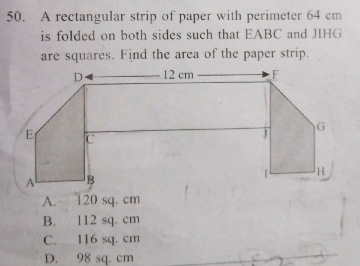 A rectangular strip of paper with perimeter 64 cm is folded on both sides..