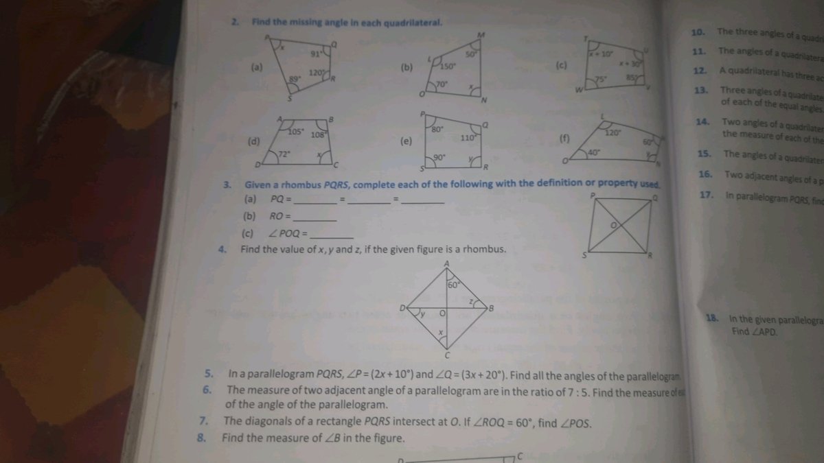 Find the missing angle in each quadrilateral. (e) The angles are 80°, 110..