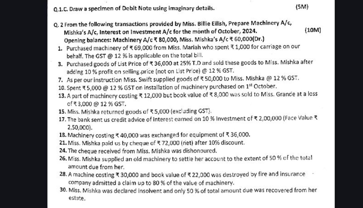 Q.1.C. Draw a specimen of Debit Note using imaginary details. (5M) Q. 2