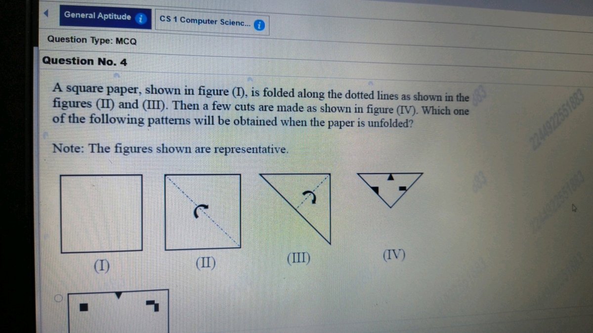 A square paper, shown in figure (I), is folded along the dotted lines as