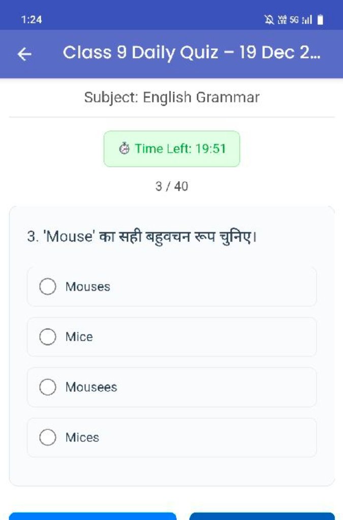 'Mouse' का सही बहुवचन रूप चुनिए। Mouses Mice Mousees Mices | Filo