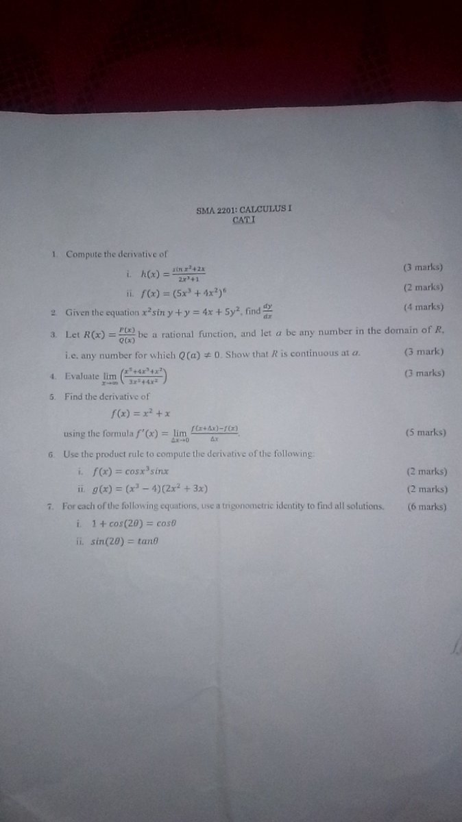 SMA 2201: CALCULUS I CAT I Compute the derivative of i. h(x) = \frac{..