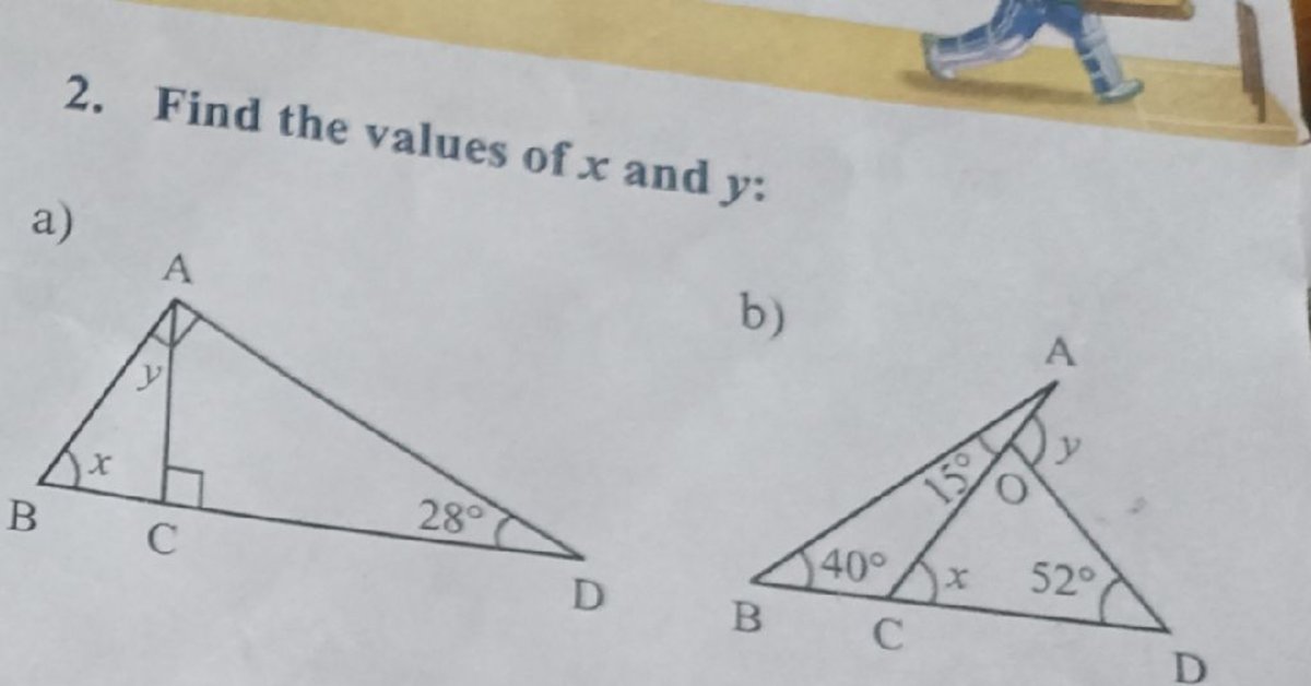Find the values of x and y: a) [Diagram showing a triangle ABD with a lin..