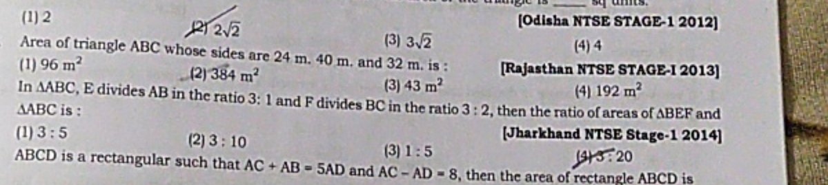 Area of triangle ABC whose sides are 24 m, 40 m, and 32 m is: (1) 96 m..